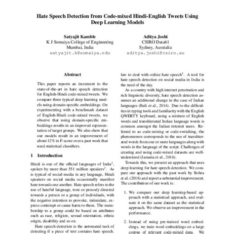 Hate Speech Detection From Code Mixed Hindi English Tweets Using Deep Learning Models Acl