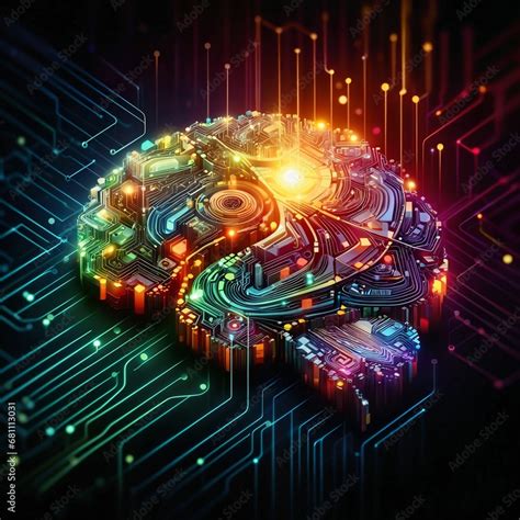 AI. A colorful abstract digital brain. Neural network connection lines and glowing dots. Machine ...
