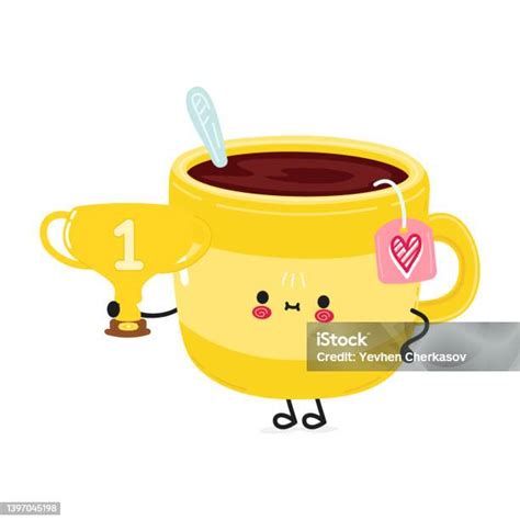 귀여운 재미있는 노란색 차 컵에는 금 트로피 컵이 있습니다 벡터 손으로 그린 만화 카와이 캐릭터 일러스트 레이 션 아이콘 흰색 배경에 고립되어 있습니다 우승자 트로피 컵과