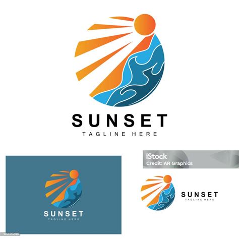 선셋 비치 로고 디자인 바다 풍경 일러스트 레이 션 레드 데이 휴가 명소 벡터 관광에 대한 스톡 벡터 아트 및 기타 이미지