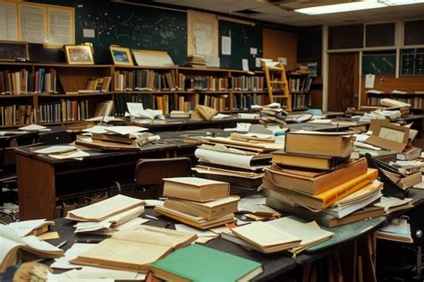 A Desk In A Classroom Is Covered In Books And Papers A Cluttered Classroom With Papers And Books