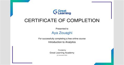 aya zouaghi on linkedin introduction to analytics course completion certificate for aya zouaghi