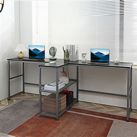 17 Stories Two Person Computer Desk With 2 Storage Shelves Double Desk Workstation With Book