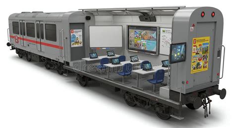 Mobile Train Classroom Cutaway View With Desks Laptops And Whiteboard
