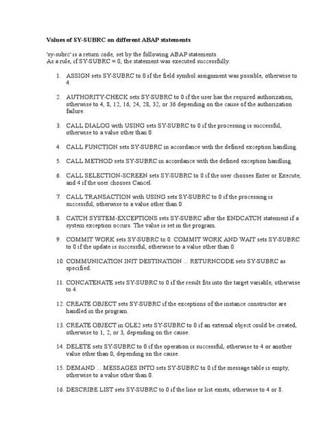 Values Of Sy Subrc After Abap Statements Pdf Computer Programming Computer Data
