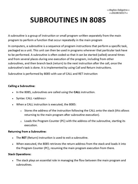 Subroutines In 8085 Document2022bcse017 Pdf Computer Program