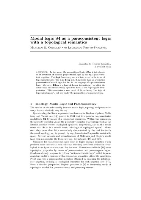 Pdf Modal Logic S4 As A Paraconsistent Logic With A Topological Semantics