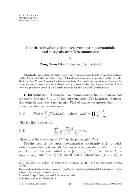 Pdf Identities Involving Doubly Symmetric Polynomials And Integrals Over Grassmannians