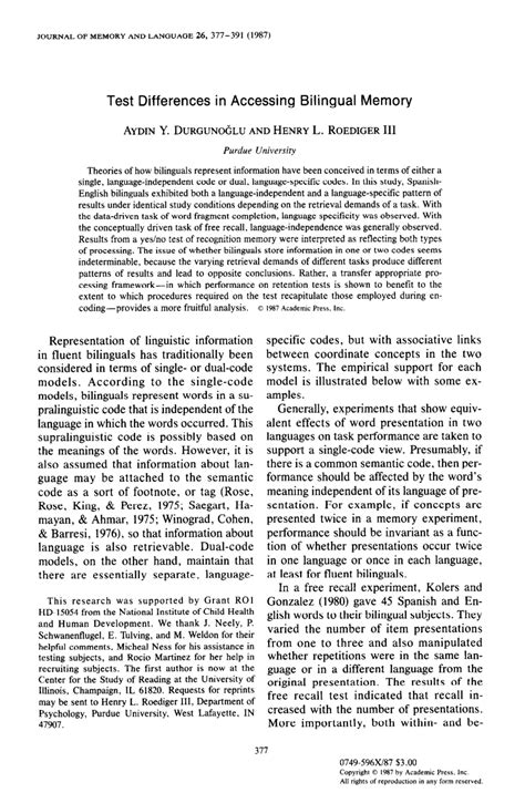 Pdf Test Differences In Accessing Bilingual Memory