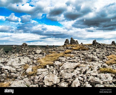 A Line Of Ancient Stone Cairns On Top Of The Hills In Littondale In The