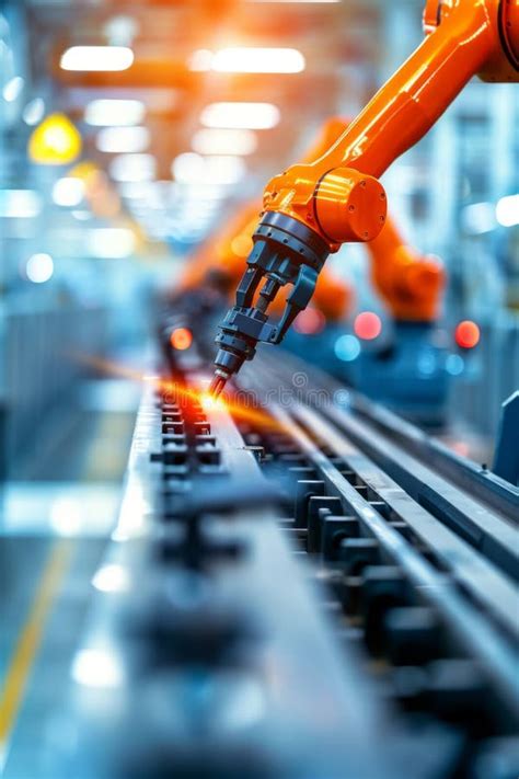 Industrial Automation Close Up Of Orange Robotic Arms Assembling Parts On Production Line In
