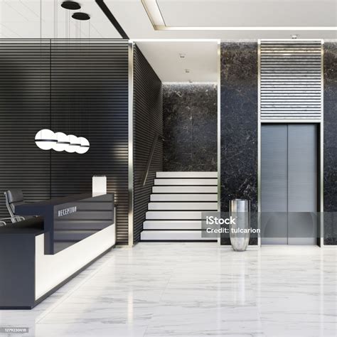 엘리베이터와 계단이 있는 현대적인 사무실 로비 인테리어 공간과 긴 리셉션 데스크 0명에 대한 스톡 사진 및 기타 이미지 0명 3차원 형태 가구 Istock