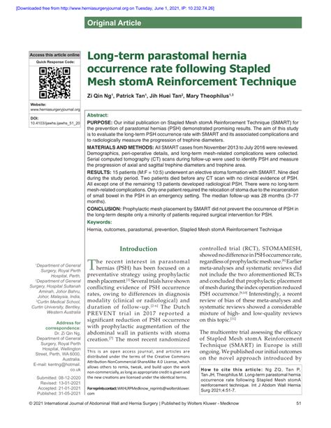 Pdf Long Term Parastomal Hernia Occurrence Rate Following Stapled