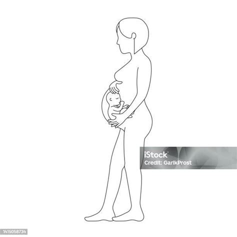 배꼽에 아기를 둔 임산부 윤곽선 스타일 벡터 일러스트 레이 션 라인아트에 대한 스톡 벡터 아트 및 기타 이미지 라인아트 아기 복부 Istock