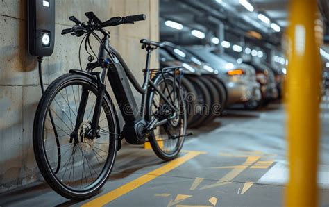 A Black Electric Bike is Parked in a Parking Garage. the Bike is Connected To a Charging Station ...