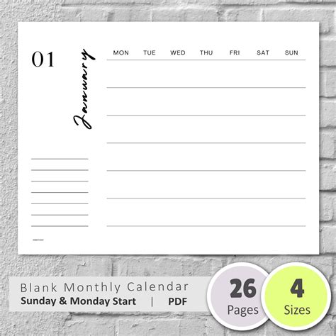 Blank Monthly Calendar With Notes Printable Pdf Minimalist Undated Monthly Planner Calendar 6