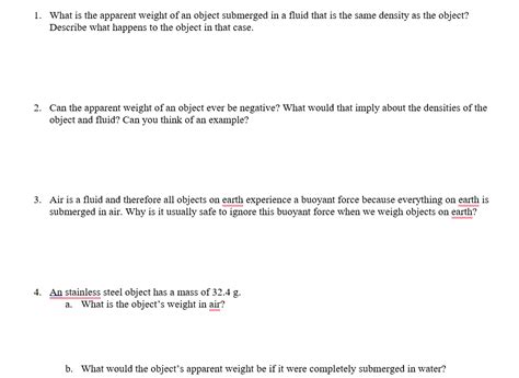 Solved What Is The Apparent Weight Of An Object Submerged Chegg