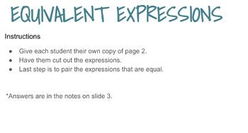 Equivalent Expressions Matching Activity By Kristy S Corner TPT