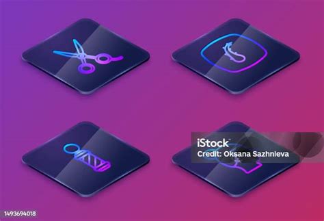 아이소메트릭 라인 가위 미용사 클래식 이발소 폴 남성용 인간 모낭 및 헤어스타일을 설정합니다 파란색 사각형 버튼입니다 벡터 미장원에 대한 스톡 벡터 아트 및 기타 이미지