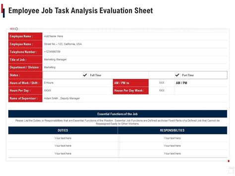 Employee Job Task Analysis Evaluation Sheet Presentation Graphics