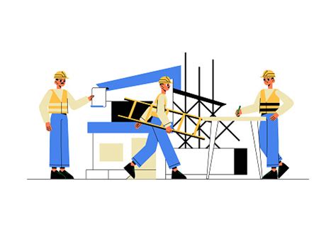 협력과 개발을 상징하는 평면 벡터 일러스트 레이 션에서 건설 프로젝트에 종사하는 건축업자 팀 흰색 배경에 고립 된 개발에 대한 스톡 벡터 아트 및 기타 이미지 Istock