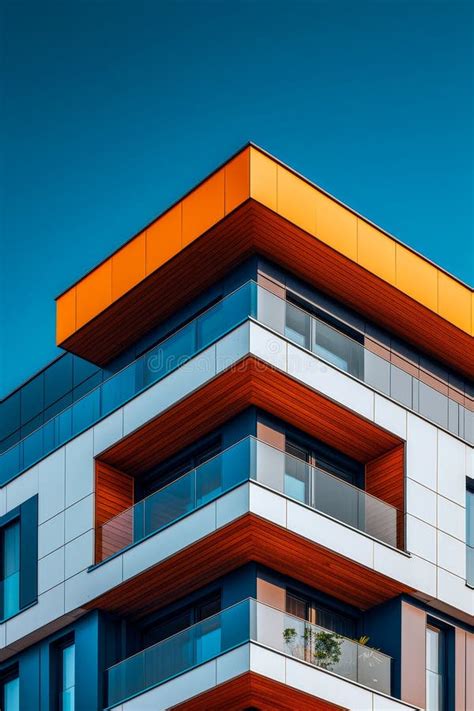 Building With Blue And Orange Color Scheme Has Many Windows Generative AI Stock Photo Image