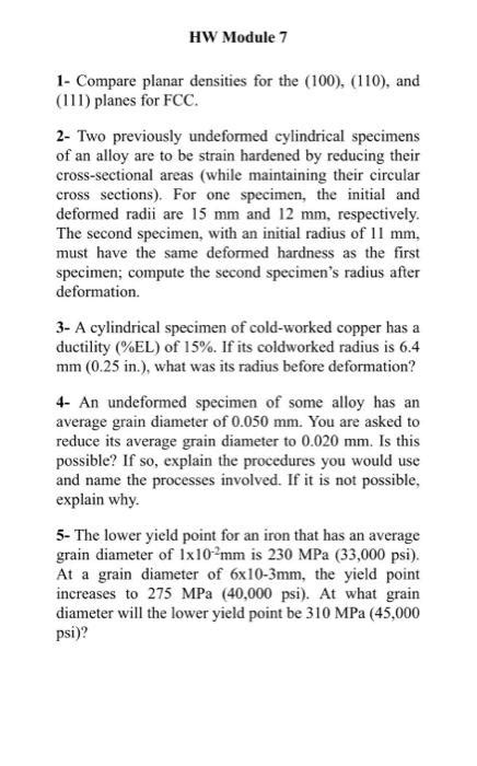 Solved 1 Compare Planar Densities For The 100 110 And
