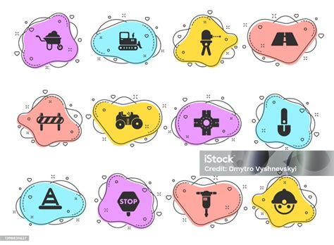 도로는 흰색 배경에 고립 된 컬러 버블 모양의 글리프 벡터 아이콘을 수리합니다 도로 수리 아이콘 웹 디자인 모바일 앱 및 Ui 디자인에 대한 설정 개체 그룹에 대한 스톡