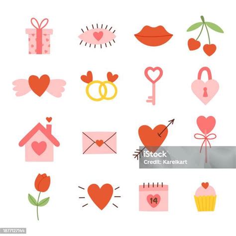 귀여운 발렌타인 데이 아이콘 세트입니다 만화 사랑 로맨틱 스티커 요소 하트 손으로 그린 벡터 일러스트 레이 션 2월에 대한 스톡 벡터 아트 및 기타 이미지 Istock