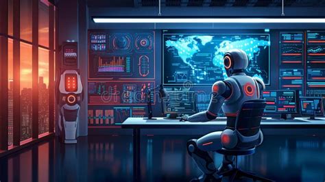 Ai Robot Analyzing Data On Multiple Screens In A Futuristic Control