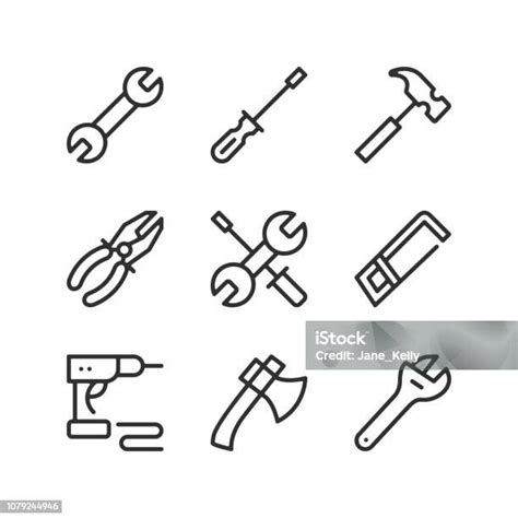 도구는 아이콘 세트 선 요소 선형 표지판 간단한 기호 컬렉션을 설명 합니다 현대 그래픽 디자인 개념입니다 벡터 라인 아이콘 선 아이콘에 대한 스톡 벡터 아트 및 기타 이미지