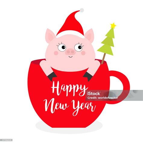 행복 한 새 해 2019입니다 돼지 빨간 커피 컵 찻잔에 앉아입니다 전나무 나무입니다 산타 모자입니다 얼굴 및 손 귀여운 만화 캐릭터입니다 안녕하세요 겨울 즐거운 성탄절