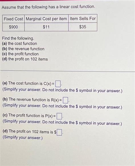 Solved Assume That The Following Has A Linear Cost Function Chegg