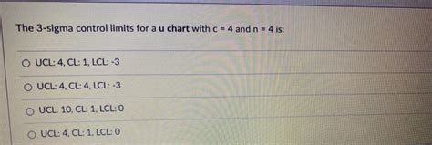 solved the 3 sigma control limits for a u chart with c 4
