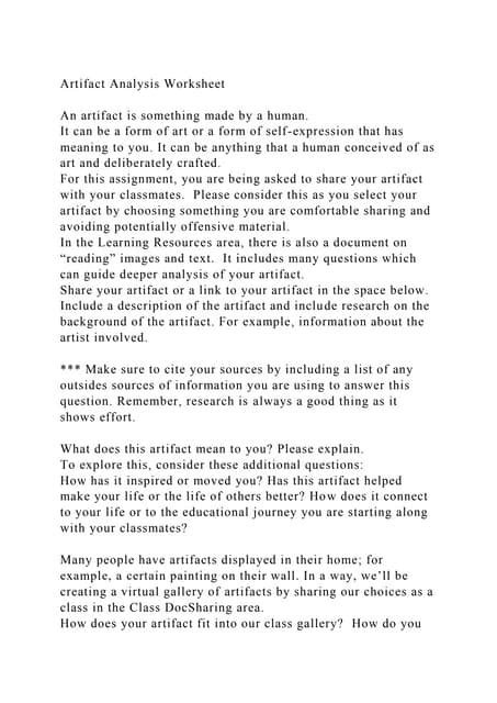 Artifact Analysis Worksheetan Artifact Is Something Made By A Hudocx