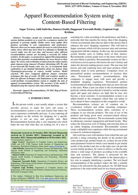 Pdf Apparel Recommendation System Using Content Based Filtering