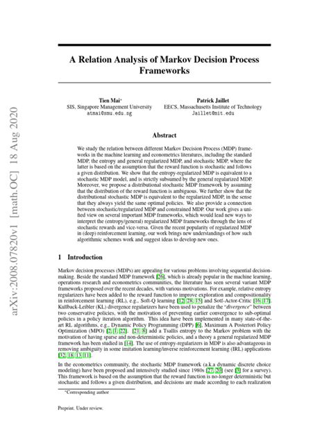 A Relation Analysis Of Markov Decision Process Frameworks Pdf