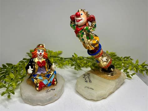 Vintage Ron Lee Clowns Figurines 1998 24k Gold Plating Mounted On Onyx