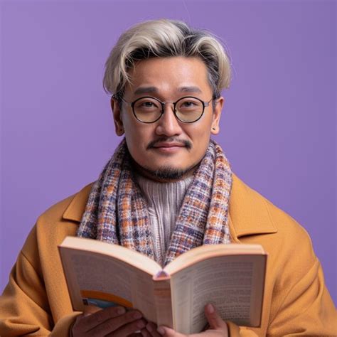 A Man Wearing Glasses Reading A Book With A Purple Background Behind