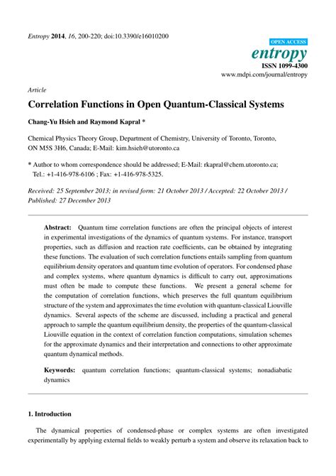 Pdf Correlation Functions In Open Quantum Classical Systems