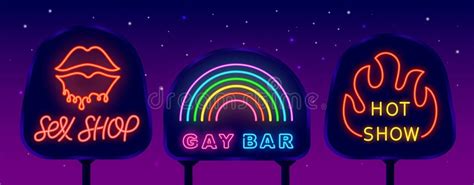 Sex Shop Neon Emblems On Street Banner Gay Bar And Hot Show Neon