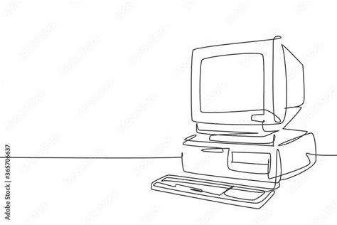 Single Continuous Line Drawing Of Retro Old Classic Personal Computer Processor Unit Vintage Single Continuous Line Drawing Of Retro Old Classic Personal Computer Processor Unit Vintage