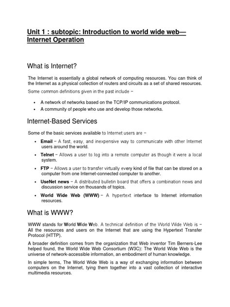 Unit 1 Subtopic Introduction To World Wide Web Internet Operation