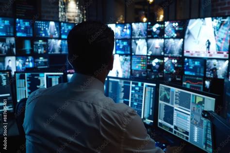 Rear View Of A Man Monitoring Multiple Screens In A High Tech Surveillance Control Room Concept