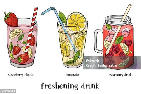 3 상쾌한 여름 음료의 설정 딸기 모 히 토 레모네이드와 칵테일 딸기입니다 빨대에 대한 스톡 벡터 아트 및 기타 이미지 빨대