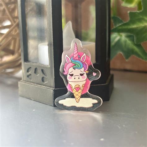 Melty Unicorn Ice Cream Glitter Acrylic Pin Kawaii Pin With Pink Round