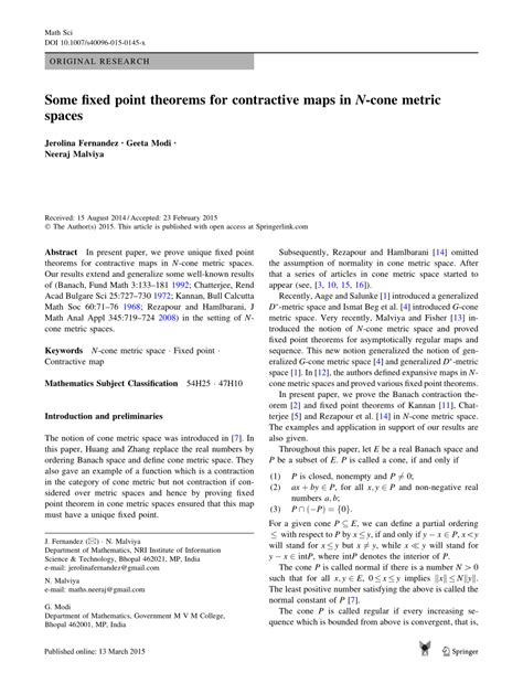 Pdf Some Fixed Point Theorems For Contractive Maps In N Cone Metric Spaces