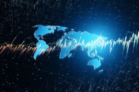 Perspective View On Digital Screen With Glowing Financial Chart Graphs Diagrams And Candlestick