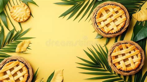 Mini Apple Pies In Nests With Palm Leaves On Yellow Background Stock