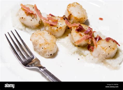Six Seared Scallops With Fork Parsnip Puree Stock Photo Alamy